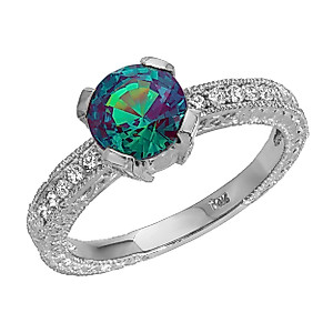 Galaxy Gold GG Size 7.0 14K Solid White Gold Ring with Natural Diamonds & Round Shape Lab. Grown Alexandrite Grade AAA
