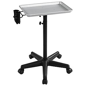 Yaheetech Rolling Salon Tray - Aluminum Trolley Cart Equipment on Wheels & Adjustable Height Mobile Beauty Salon Spa Stools Service Instrument Storage Tray w/Accessory Caddy - Silver