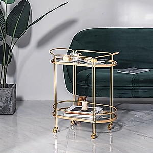 VLOBAOM Modern Rolling Serving Bar Cart, 2-Tier Oval Home Coffee Table Trolley, Kitchen Storage Shelf with Wheels for Living Room, Dining Room, Bathroom,25''Dx14''Wx29''H,Gold