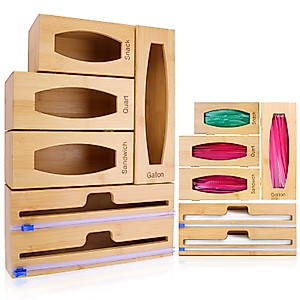 MapleGrace 6 in 1 Openable Bag Organizer for Kitchen Drawer Foil and Plastic Wrap Organizer with Cutter, Separate Storage Bag Organizer for Kitchen Storage, for Gallon,Quart,Sandwich,Snack