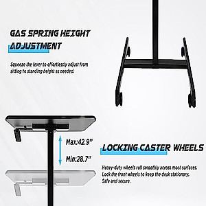 Small Computer Desk, Home Office Desk, Ergonomic Standing Desk, Rolling Desk for Bedroom, Height-Adjustable from 28.5" to 42.9",Weight Capacity 22lbs, 22.60" L*19.30" W*42.90" H, Black