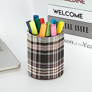 VIOQXI Pencil Pen Cup Pot for Classroom, Women's Makeup Brush Holder, Classic Plaid Check Pattern Black Gray Round Pencil Caddy Desk Organizer, Stationery Supplies