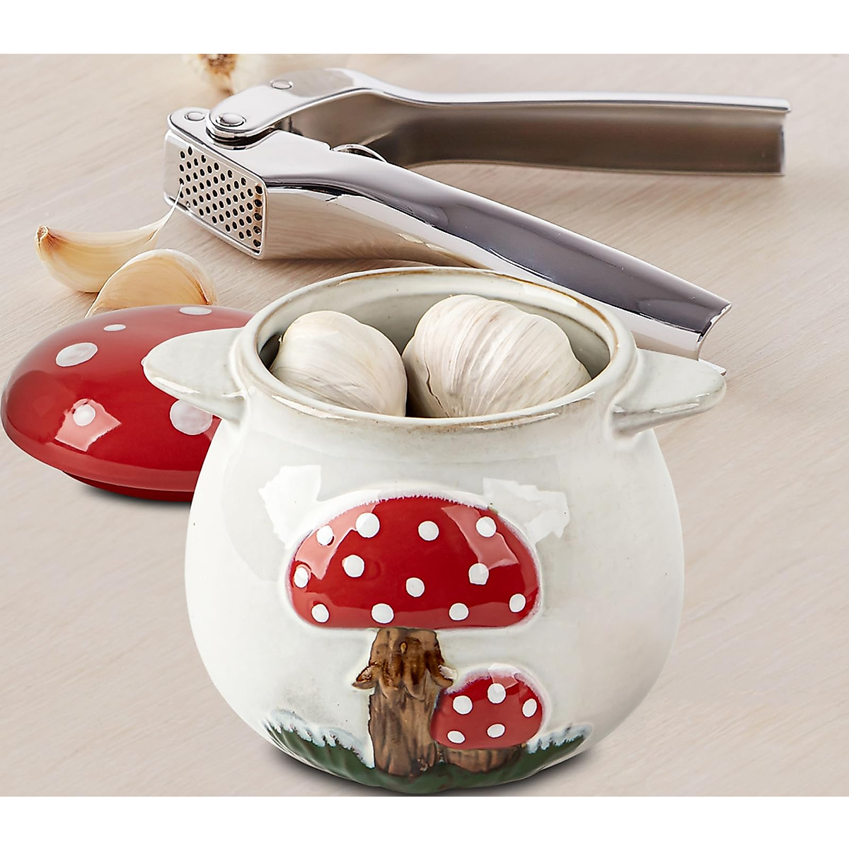 dgudgu Mushroom Garlic Keeper With Ceramic Container for Counter - Red Garlic Holder and Saver