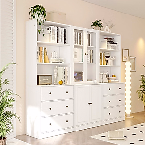 TUSY 71" Bookshelf Bookcase, 3-Tier Modern Bookshelves 3 Large Drawer, Wood Filing Cabinet with Open Storage Shelf, Glass Doors 5-Tier Fixed Storage Shelves for Home Office