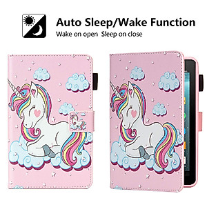 Dteck Case for Fire 7 Tablet (9th/7th/5th Generation, 2019 2017 2015) - Magnetic Folio Cute Case with [Auto Sleep Wake/Adjustable Viewing Stand] Protective Leather Kids Girly Cover (Smile Unicorn)
