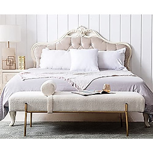 Guyou 55" White End of Bed Bench, Modern Faux Fur Upholstered Ottoman Bench Seat with Gold Legs, Fuzzy Long Bench for Bedroom Living Room Foyer Indoor Entryway (White)