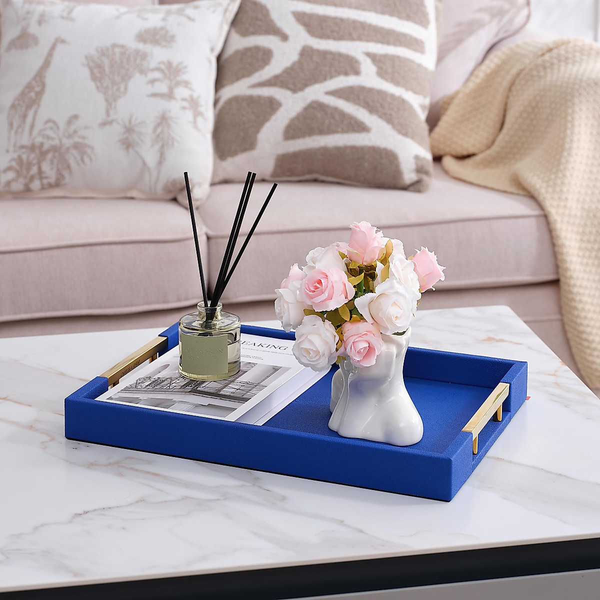 YAMILAN-17 x12 Serving Tray with Gold Polished Metal Handles,Decorative Tray for Coffee Table,Ottoman Tray for Living Room,Modern Elegant Rectangle Leather Trays for All Occasions/Devilfish/Blue