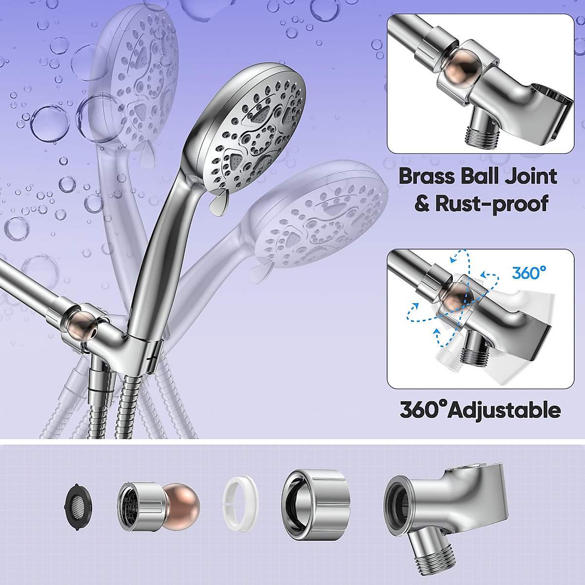 TICONN 7-Function Shower Head with Handheld, High Pressure Shower Heads Set with Stainless Steel Hose & Adjustable Bracket Toolless (Chrome)