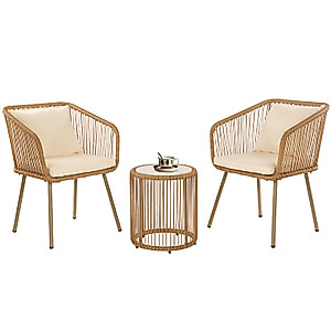 3 Piece Patio Furniture Set with Cushions Lumbar Pillows Outdoor PE Rattan Bistro Furniture Set Patio Rattan Conversation Set Glass Coffee Table Top and 2 Chairs for Patio Garden Porch , White