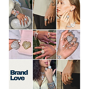 Lulu Mel Iced out Jewelry heart shape party ring，14k gold plating CZ micro setting shiny INS style bling rose gold big size heart ring for men women (Gold, 8)