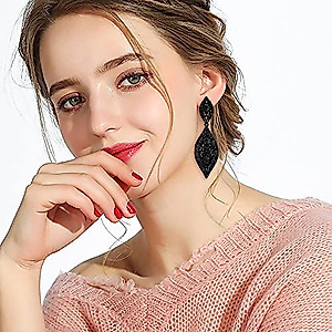 Flyonce Women's Rhinestone Crystal Wedding Bridal 2 Leaf Drop Dangle Chandelier Earrings Deep Black