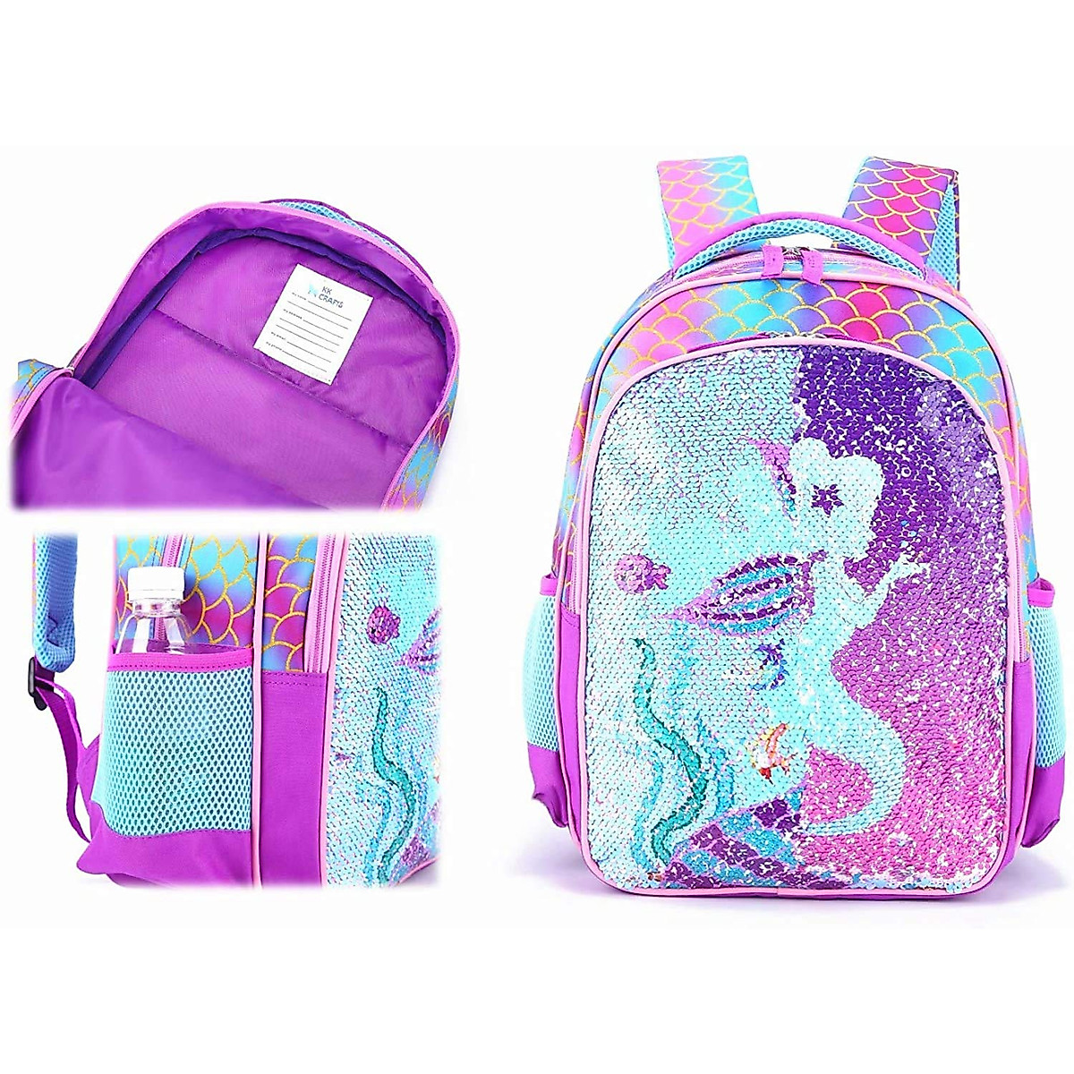 Usnyabni THE Crafts Reversible Sequin School Backpack Lightweight Little Kid Book Bag for Preschool Kindergarten Elementary (17", Mermaid