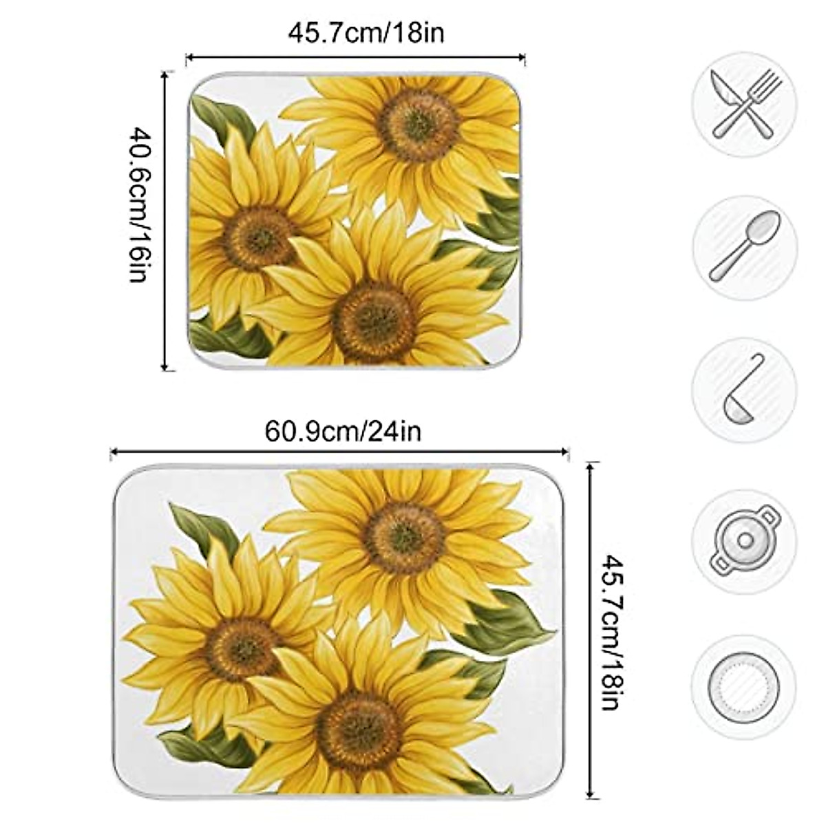 Absorbent Dish Drying Mat for Kitchen Counter - Yellow Sunflower Microfiber Drying Pad, Reversible Drainer Mats for Countertop, Small 16" x 18"