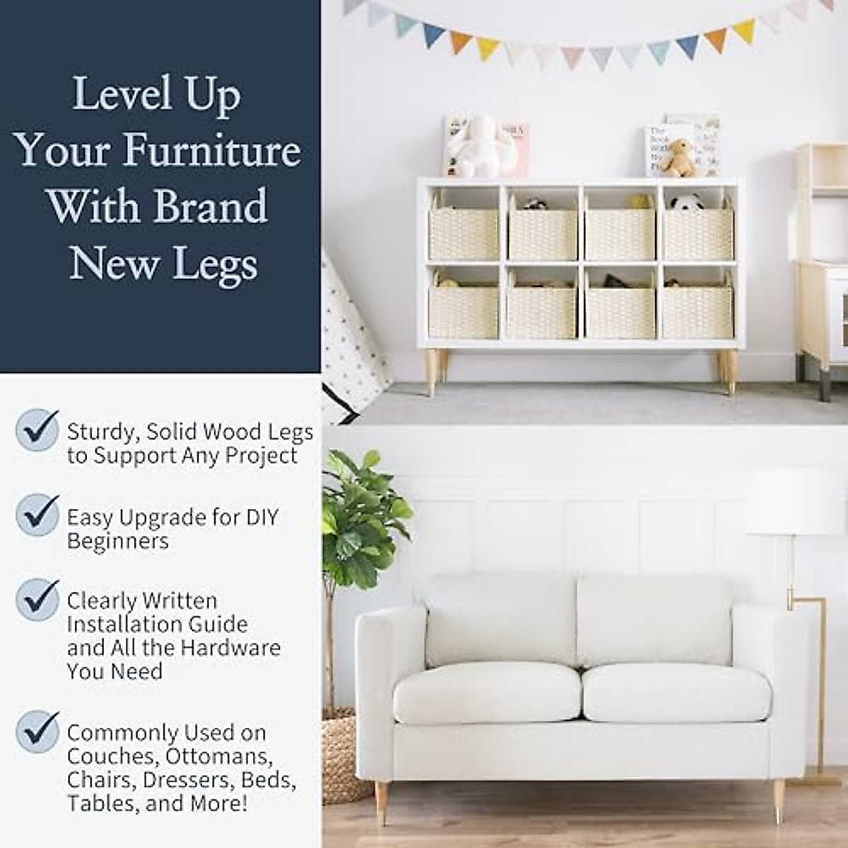 Ash Wood Furniture Legs With Gold Caps - Mid Century Legs For Sofa, Chair, Table, Dresser, Bed, Cabinet, Ottoman - Wooden Legs Are Easy To Install & Include Installation Hardware - Set of 4, 6 Inches