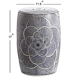 JONATHAN Y TBL1005A Camellia 17" Ceramic Drum Garden Stool, Stylized Flower on White Background, Coastal, Contemporary, Modern, Transitional, Spill-Proof, Living Room, Garden Room, Patio, Blue