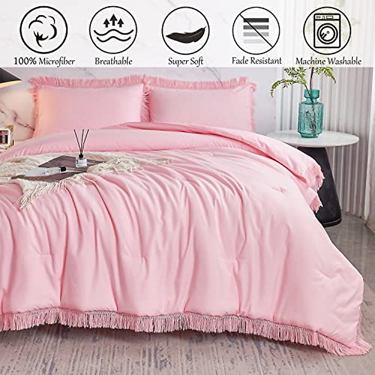 ZRNBAST 5 Pcs Blush Bed in a Bag Comforter Set with Tassel Bohemian Style Full Size Reversible Design Bedding with 2 Pillowcases Ultra Cozy Lightweight Quilt Set for Adults Kids (Blush, Full)