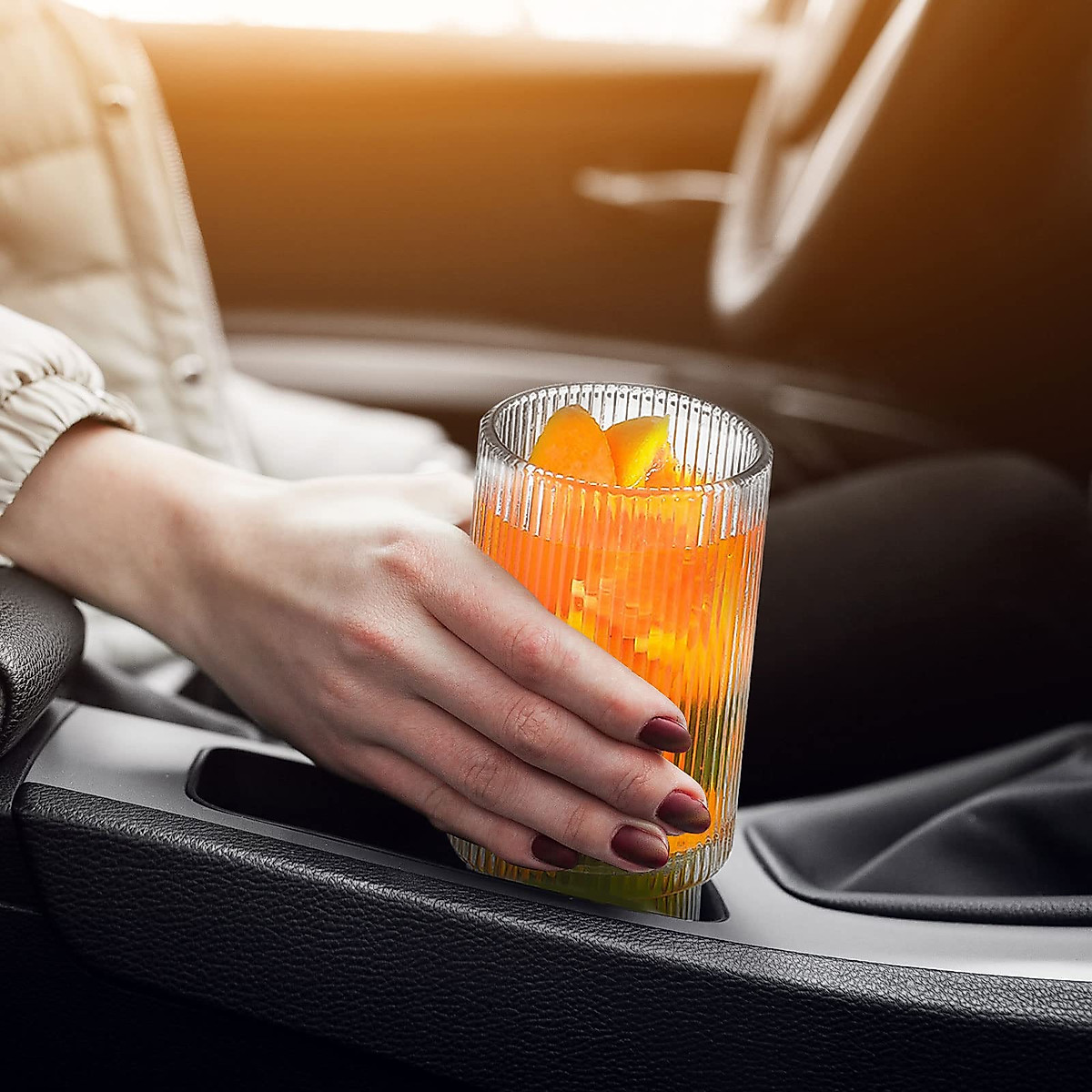 ASIZZED Ribbed Glassware with Straws Vintage Glass Cups 6pcs Set Reusable Wide Mouth Fluted Drinking Glasses 16oz Smoothie Cup Iced Coffee Cup with Clean Brushes for Beer Cocktail Bar Cart Accessories