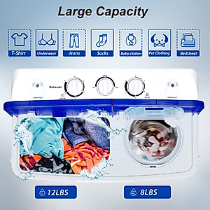 Spurgehom Mini Twin Tub Portable Washing Machine, 20 lbs Large Capacity Washer and Dryer Combo for RV Camping, Apartment, Dormitory, Home, Washing Machine for Students & Tenants，Blue & White