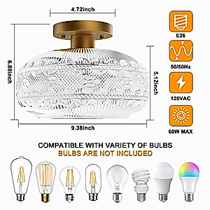 Industrial Semi Flush Mount Ceiling Light Fixture,Gold Hallway Light,Globe Glass Light Fixture Ceiling,Vintage Ceiling Lamp,Farmhouse Light for Entryway Kitchen Bathroom Laundry Room,Bulb Not Included