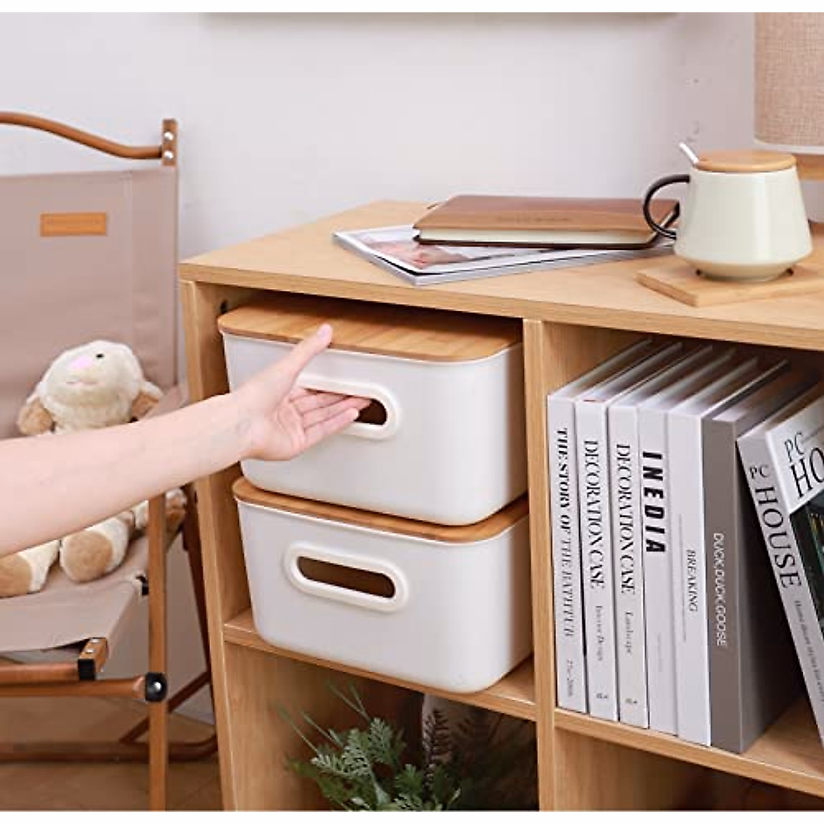 Citylife 2 PCS Storage Bins with Bamboo Lids Plastic Storage Containers for Organizing Stackable Storage Box with Handle, 15.12 x 10.67 x 5.98 inch