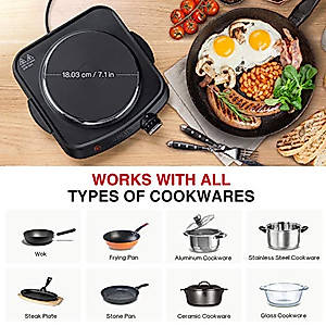 SUNAVO 1500W Hot Plates for Cooking, Electric Single Burner with Handles, 6 Power Levels Stainless Steel Hot Plate for Kitchen Camping RV and More Black