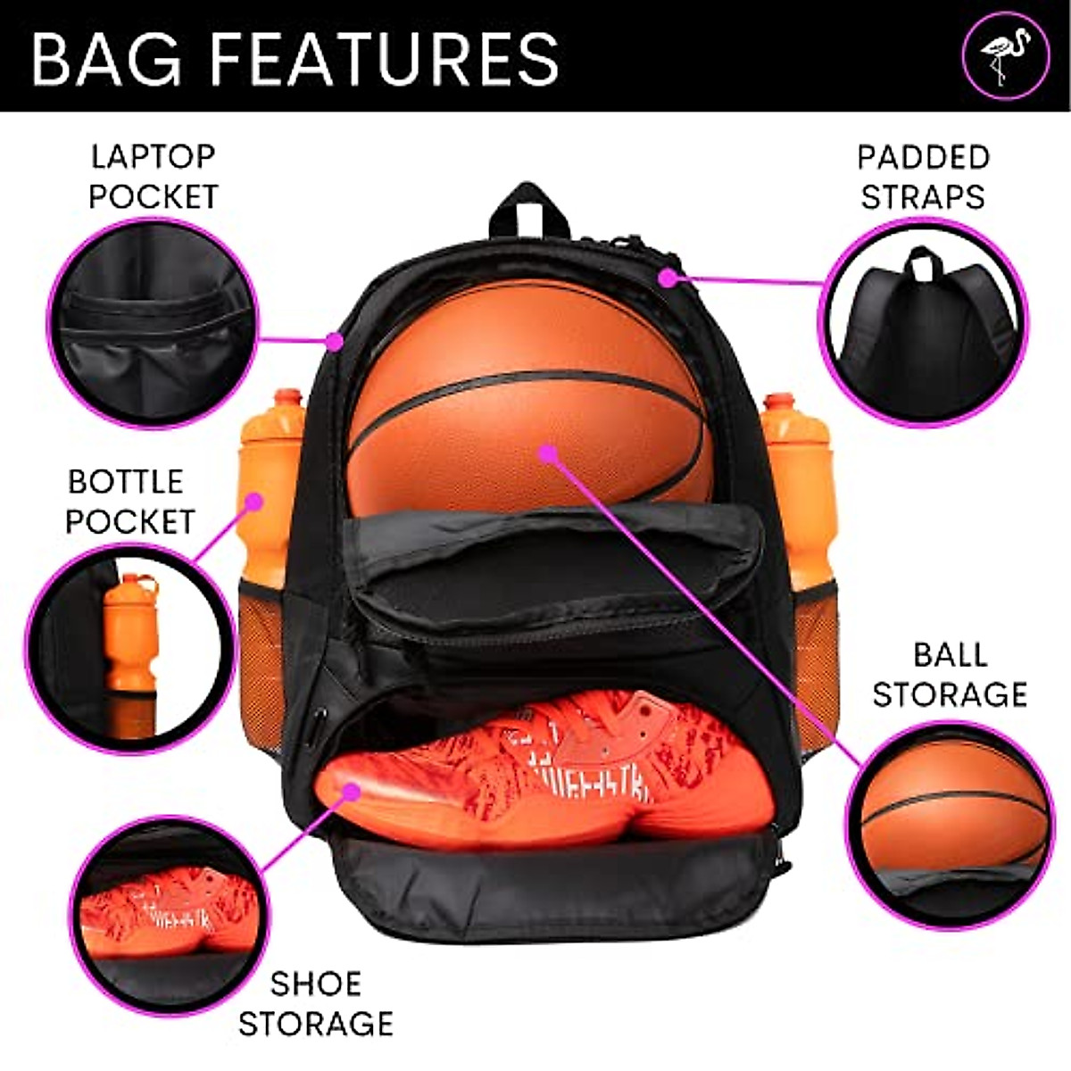 ERANT Basketball Backpack - Extra Large Sports Bag with Separate Ball and Shoe Compartment - Durable Design - Suitable for Boys and Girls - Black