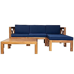 Goohome 5-Piece Wood Furniture Set, L-Shaped Outdoor 3-Seater Sectional Sofa Seating Group ConversationSets with Coffee Table and Water-Resistant, Patio, Backyard, E-Natural Finish+ Blue Cushions
