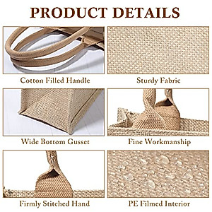 16 Pcs Burlap Tote Bags with Handles and Laminated Interior Reusable Blank Bridesmaid Gift Bags Grocery Beach Bag for Shopping Wedding Party Embroidery DIY Art Crafts, 11 x 9.4 x 4 Inches Khaki