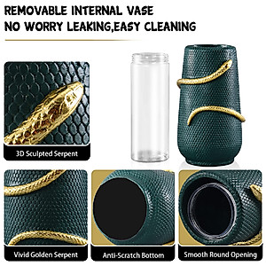 Flower Vase 8 Inch Green and Gold Snake vases for Decor, Unique Flower Vase for Bookshelf, Dinner Table, Living Room, Mantel, Halloween Decor (Upgraded) 1 pc.