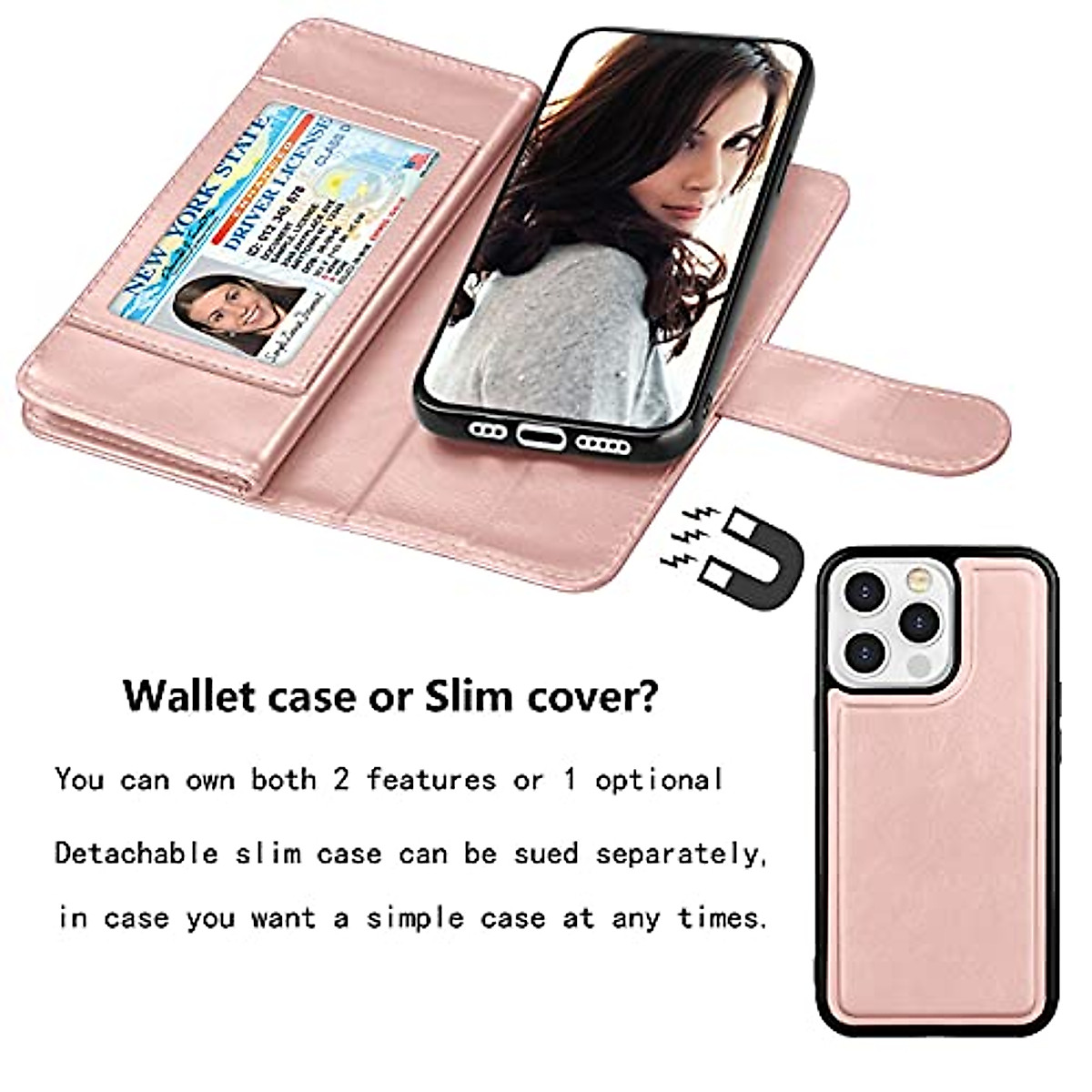 NJJEX Compatible with iPhone 13 Pro Case/iPhone 13 Pro Wallet Case 6.1" (2021), [9 Card Slots] PU Leather ID Credit Holder Folio Flip [Detachable] Kickstand Magnetic Phone Cover & Lanyard [Rose Gold]