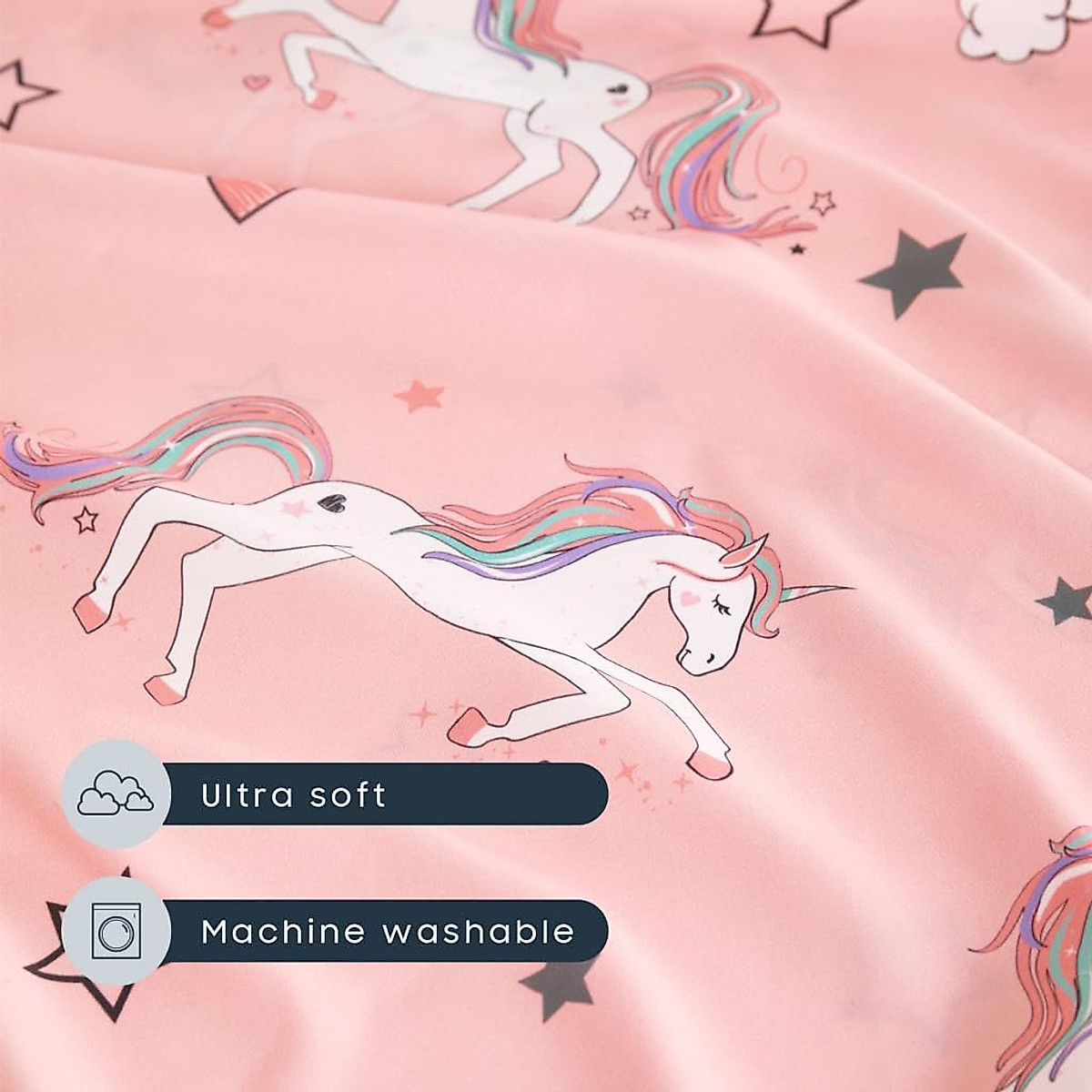 Wake In Cloud - Sleeping Bag Zippered, Nap Mat with Matching Pillow for Kids Boys Girls Sleepover Overnight Travel Slumber Bag, White Unicorns Printed on Pink, 100% Soft Microfiber