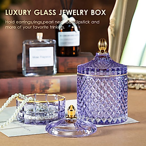 ALAMHI Candy Dish Glass Cookie Jar with Lid Candy Bowl for Office Desk Decor, Apothecary Jars Purple Bathroom Accessories Cute Room Decor Aesthetic, Q Tip Holder Decorative Glass Jewelry Box (20oz)