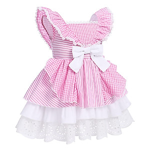 Toddler Baby Girl Tutu Dress Pink Plaid Dress Infant Pink Plaid Baby Girl Outfit Summer Sleeveless Stirped Ruffle Dress Bowknot Princess Birthday Party Dress Sundress with Headband Set Pink 6-12 Month