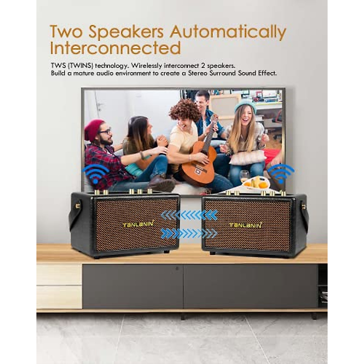 TANLANIN Vintage Bluetooth Speakers Rechargeable Portable Wireless Retro Style Leather Speakers 8H Long Playtime Bluetooth 5.0 Heavy Bass Music Player, TWS/USB/TF Slot/Remote Control/UHF Wireless Mic