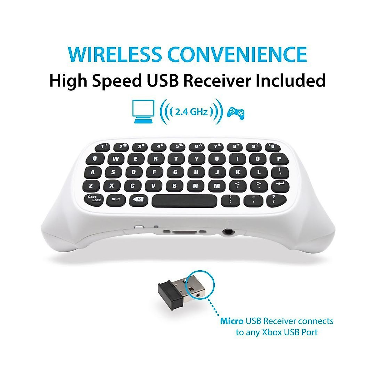 Megadream Xbox One Wireless Chatpad Keyboard with 3.5mm Audio Jack for Xbox One/One S/One X, Xbox Series S/X, Xbox One Elite/Elite 2, PC – 2.4G USB Receiver & Charge Cable included