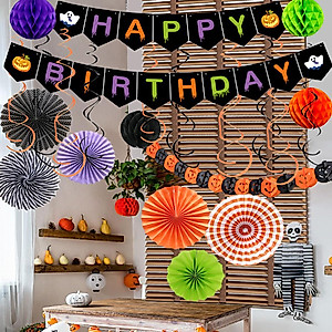 Halloween Birthday Party Decorations Happy Birthday Banner Black Orange Purple Green Paper Fans Pom Poms Swirl Streamers Pumpkin Garland for Halloween Birthday Ceiling Hanging Office Decorations ﻿
