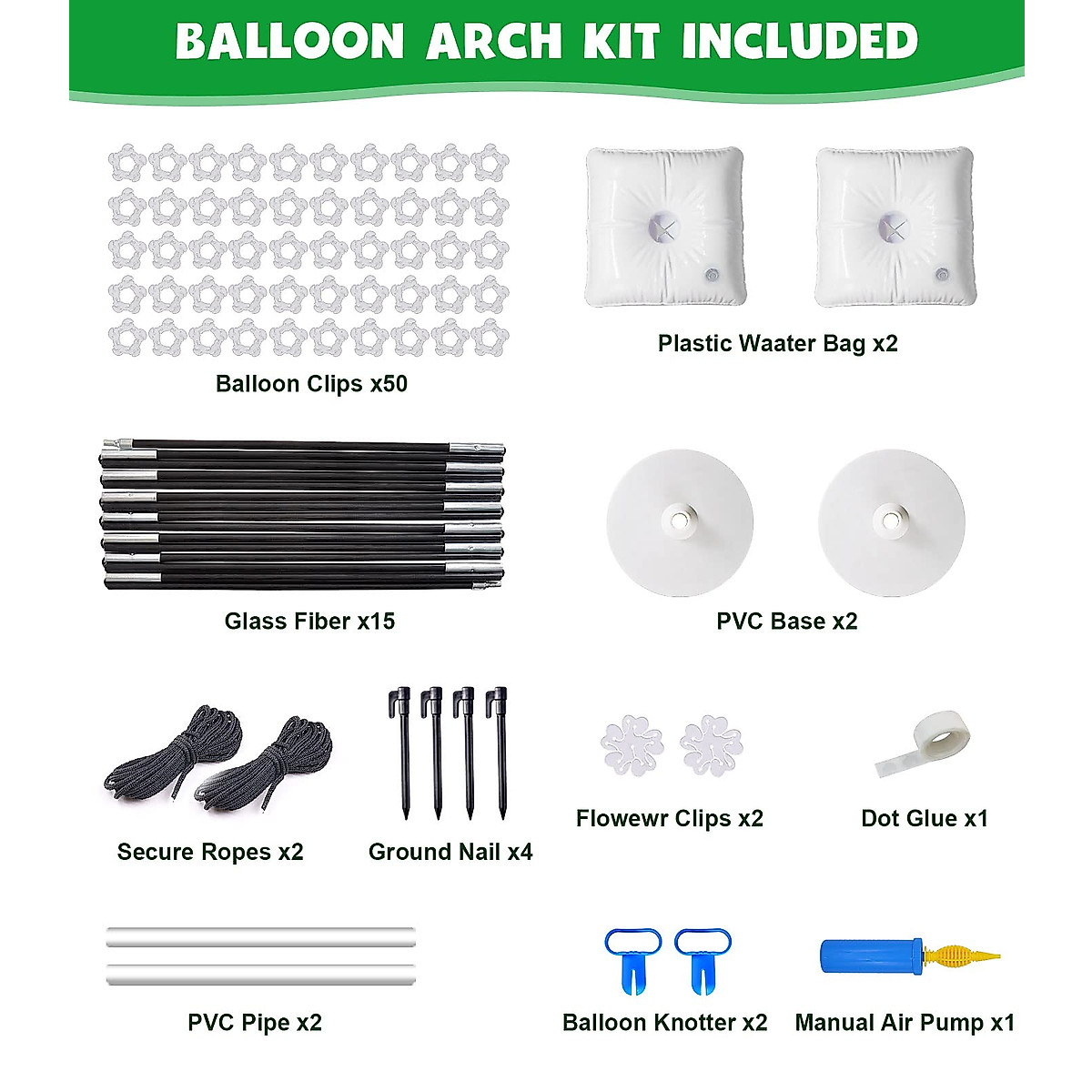 Balloon Arch Kit, 9FT Tall &10Ft Wide Adjustable Plastic Balloon Column Stands Set with Water Fillable Bases and Water Bag 50 Balloon Clips,1 Manual Pump,2 Knotter, Dot Glue,2 Flower Clips...