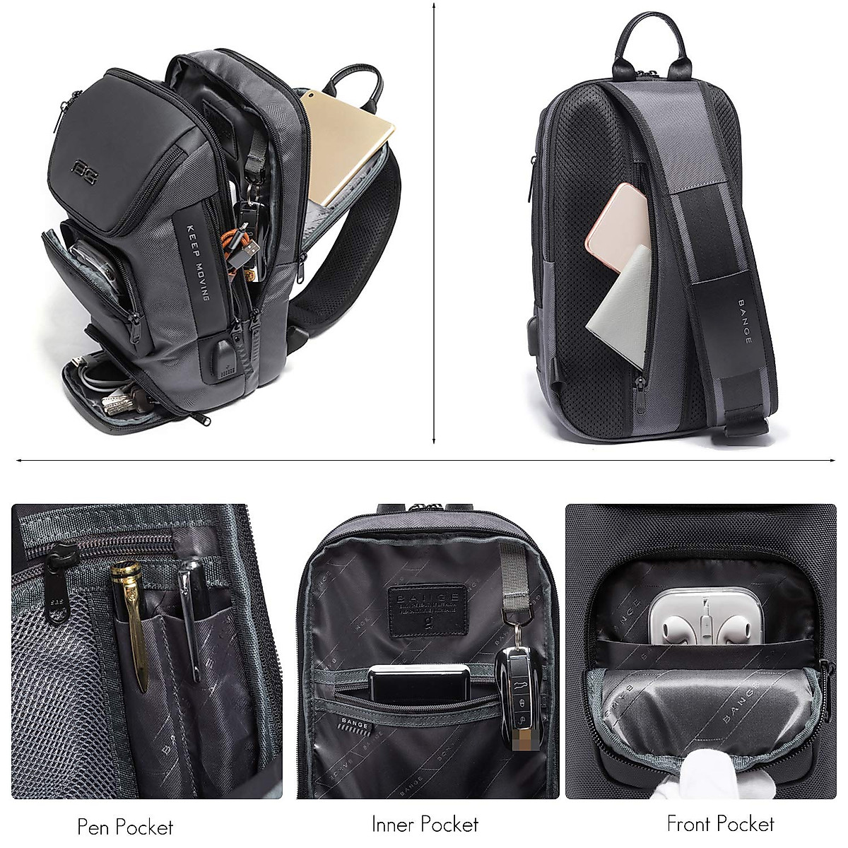 FANDARE Sling Chest Bag Men Business Shoulder Crossbody Backpack fit 9.7 inch Tablet Large Casual Daypack for Outdoor Travel Work Hiking Running Indoor Activities Durable Polyester Gray