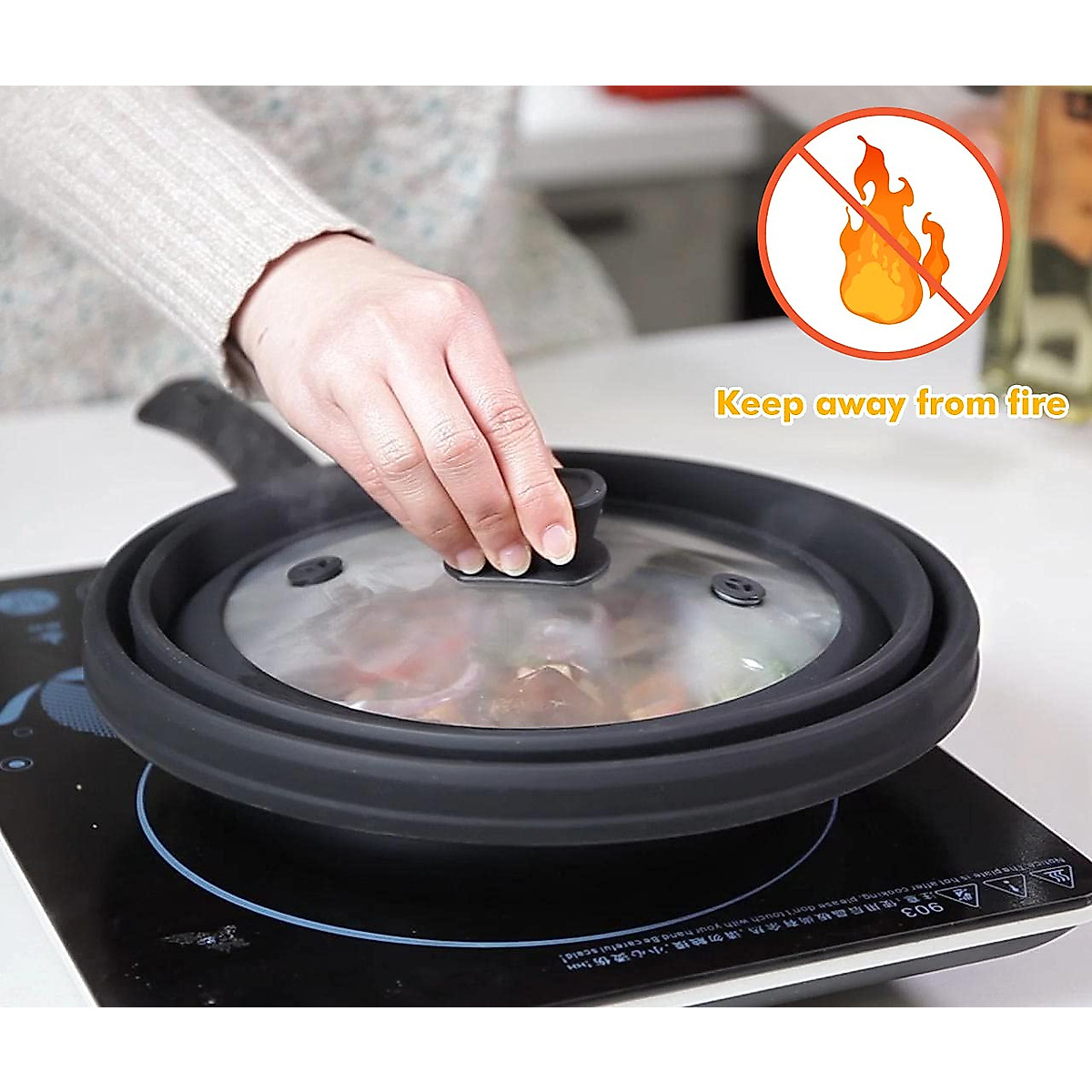 Microwave Splatter Cover Glass Cover Splatter Guard Lid Collapsible Silicone Cover Black Vented Tempered Glass Universal Lid for Pot Pan Skillet Heat Resistant Silicone Rim Lid Black