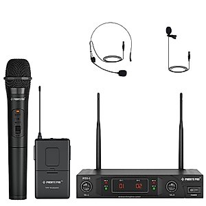 Phenyx Pro Wireless Microphone System, VHF Wireless Mic Set with Handheld Microphone/Bodypack/Headset/Lapel Mics, Stable Signal, Cordless Mic for Singing, Karaoke, Church, DJ (PTV-1B)