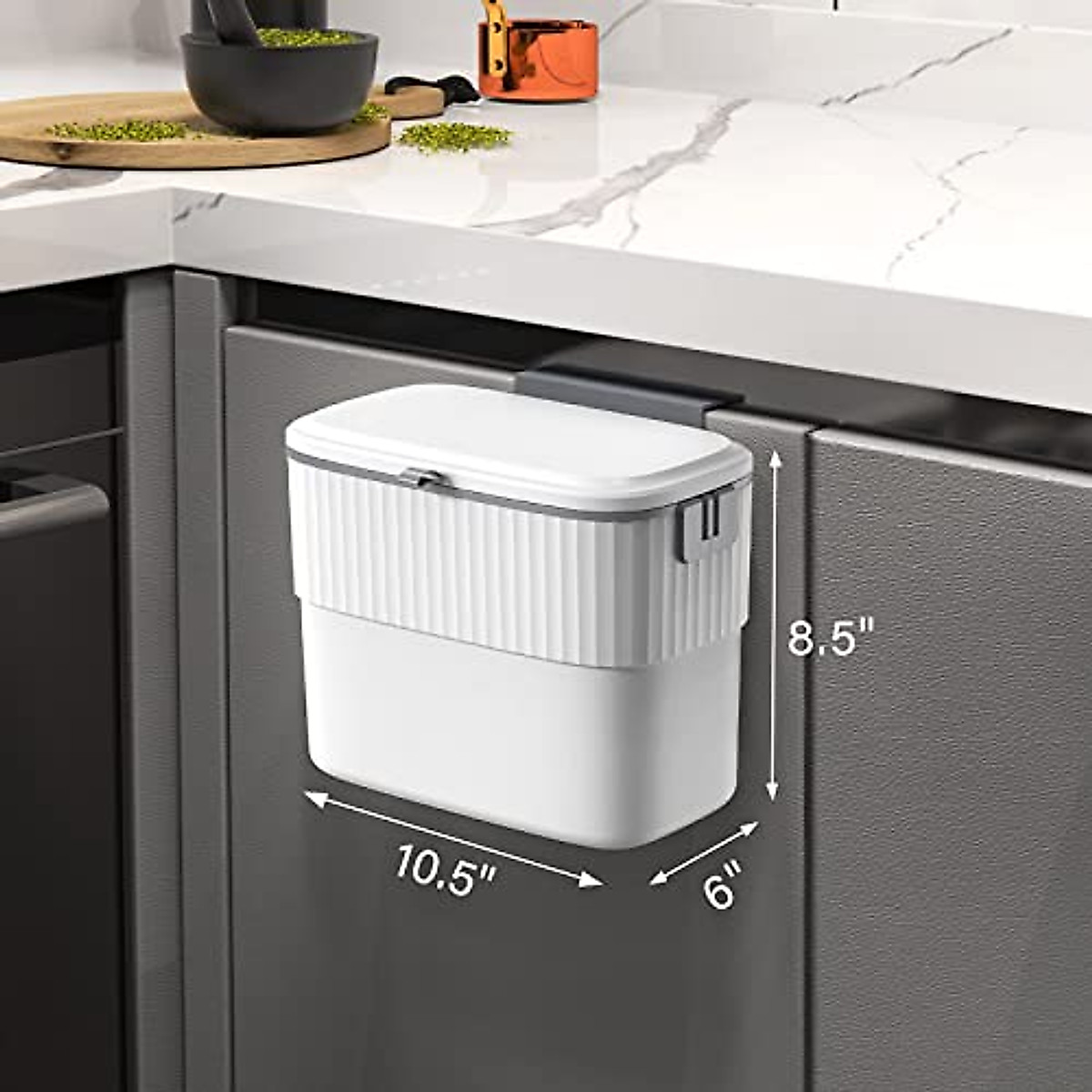 ELPHECO Kitchen Compost Bin with Lid 1.8 Gallon Hanging Trash Can with Lid, 7 Liter Wall-Mounted Garbage Can for Kitchen Cabinet Door, Small Under Sink Trash Can for Cupboard, Bathroom, Office