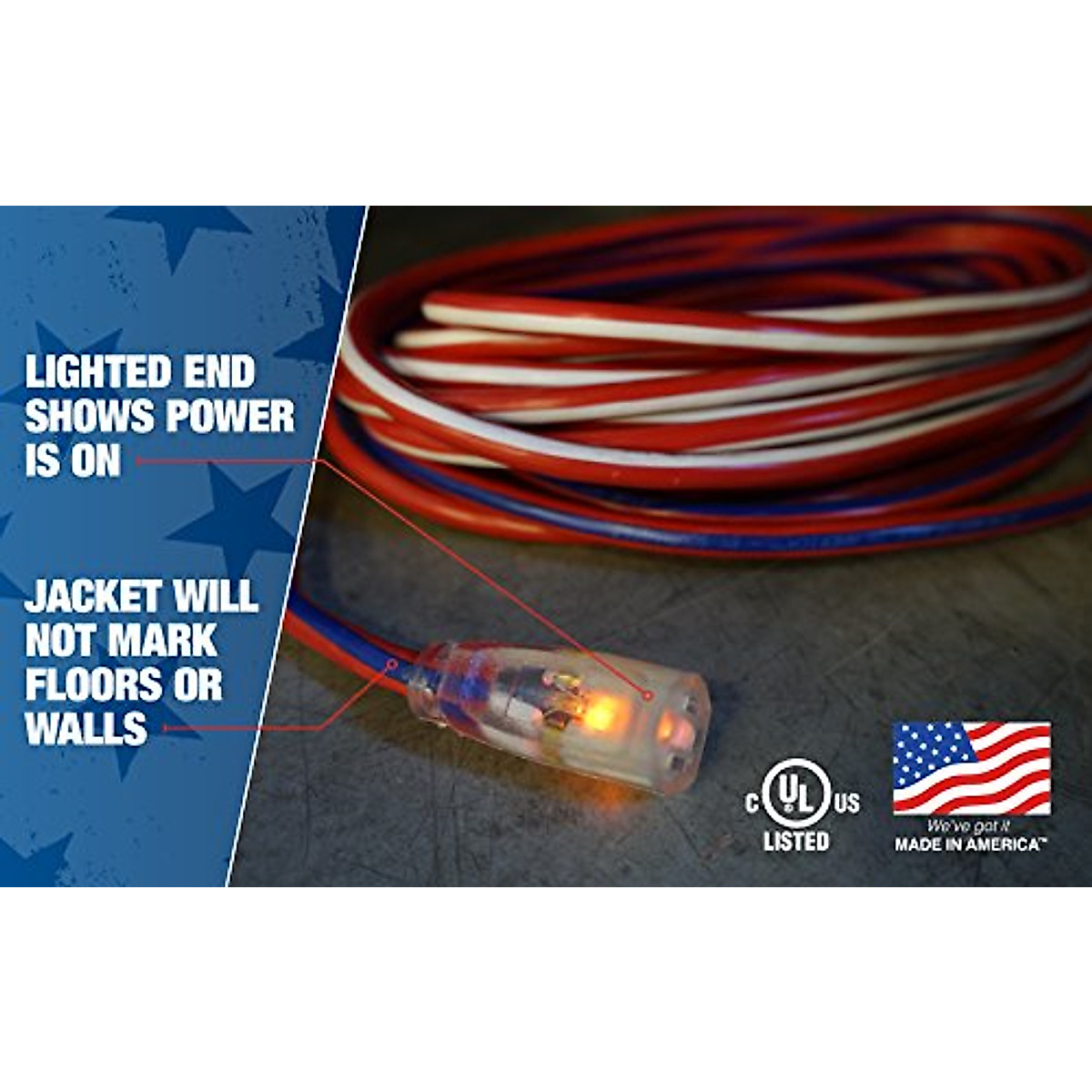 Southwire 2549SWUSA1 100-Feet; Contractor Grade; 12/3 Extension Cord; With Lighted End; Red White And Blue; American Made Extension Cord; Indoor and Outdoor Use; Water Resistant Flexible Jacket