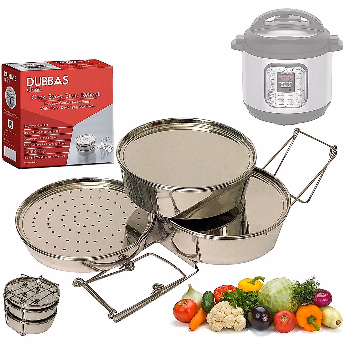 Dubbas - Premium Quality 3 Tier Stainless Steel Stacking Insert Pans/Steamer Compatible with 6 Quart Instant Pot Cooker PIP w/Lids/Plates & Trivet/Sling to Cook, Serve, Store & Reheat