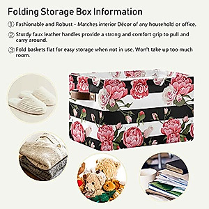Oyihfvs Floral Peony and Roses Flowers On Black White Stripes Square Shelves Storage Basket Bin, Waterproof Laundry Hamper Bucket, Baby Nursery Organizer with Handles for Toys Clothes Room Closets