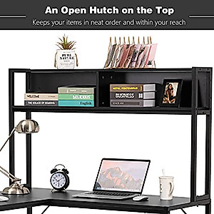 Becko US L Shaped Desk Computer Desk Corner Desk with Hutch Storage Shelves Modern Home Office Desk Writing Workstation for Home Office (Black)