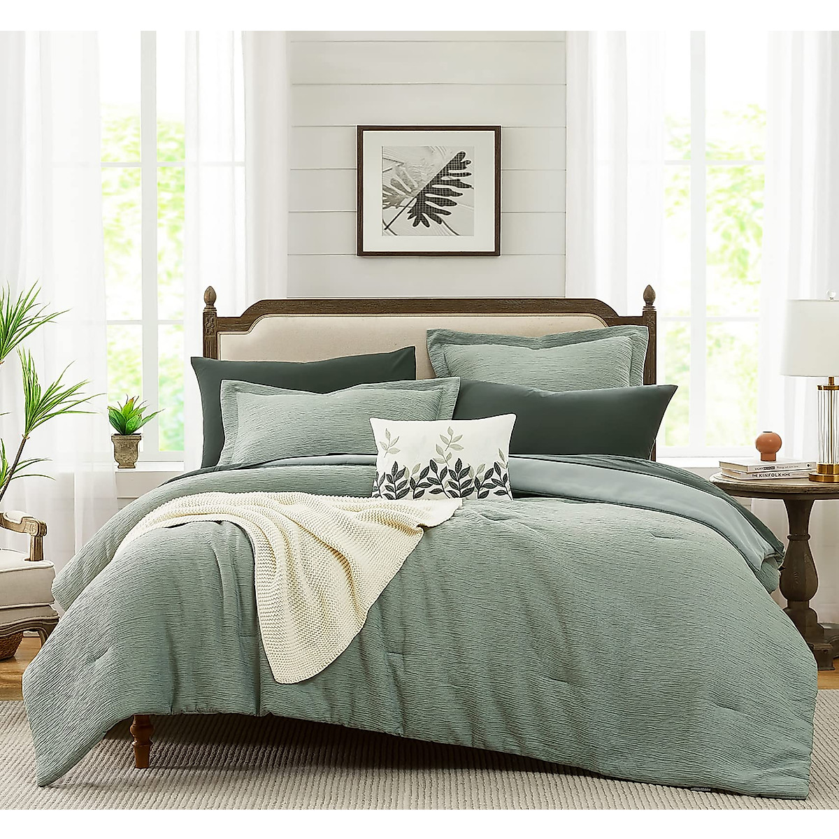 MaiRêve Sage Green Comforter King Size, King Size Comforter Set Crinkle Design, All Season Comfortable King Bedding Set 7 Pieces with Sheets, Comforter, Pillowcases & Shams (King, 102"x90")
