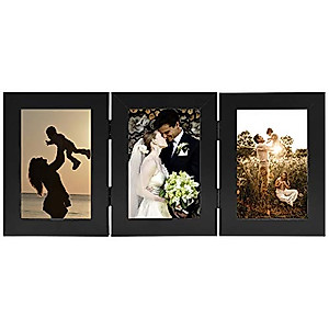Golden State Art, 4x6 Three Picture Frame Trifold Hinged Photo Frame with 3 Openings, Desk Top Family Picture Collage, with Real Glass (4x6 Triple, Black, 1-Pack)