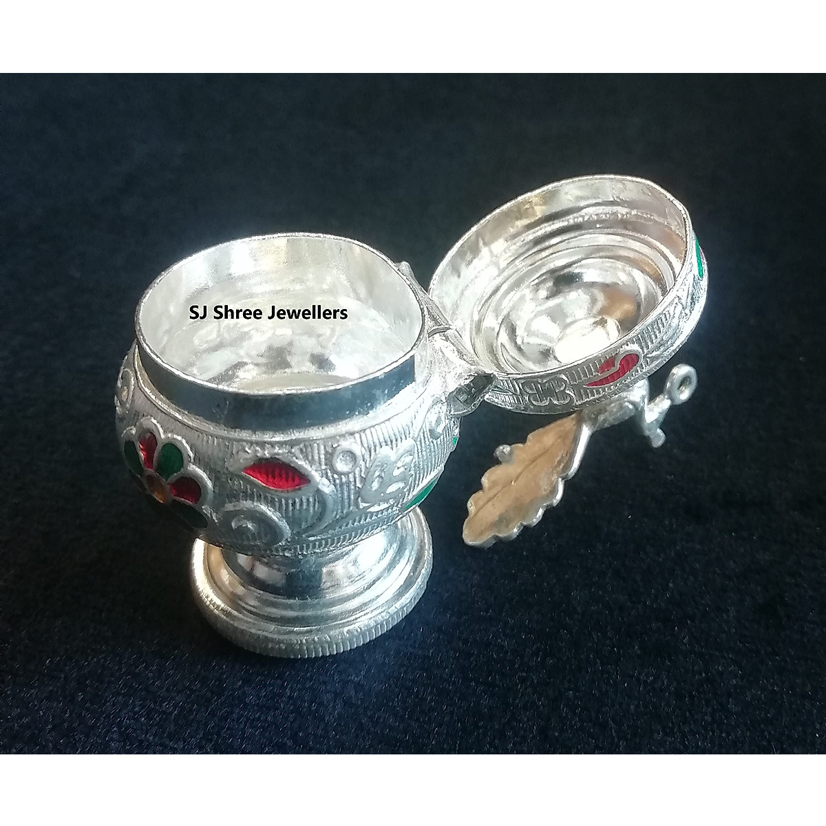 shree jewellers SJ Pure Silver Designer Meenakari Sindoor Dabbi with Peacock Design Lid, Pooja Items for Home, KumKum Round Box Spiritual Gift Item ~ Small Size 5.2 x 3 cm