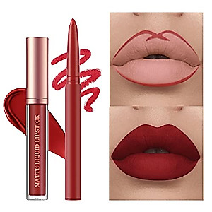 BestLand 6Pcs Matte Liquid Lipstick and Lip Liner Set, Non-Stick Cup Not Fade Waterproof Nude lipstick Makeup Kits Velvety Nude Lipliner Lip Gloss Make Up Gift Set (Set E)
