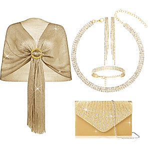 Hicarer 5 Pcs Women Accessories Including Shawls and Wraps, Evening Bag Clutch Purses, Rhinestone Jewelry Sets for Wedding(Cute Style,Gold)